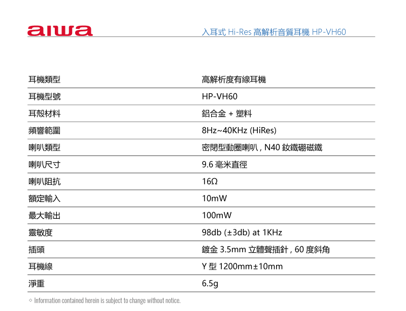 aiwaHiRes有線耳機HP-VH60(B) - Hami Point品牌館